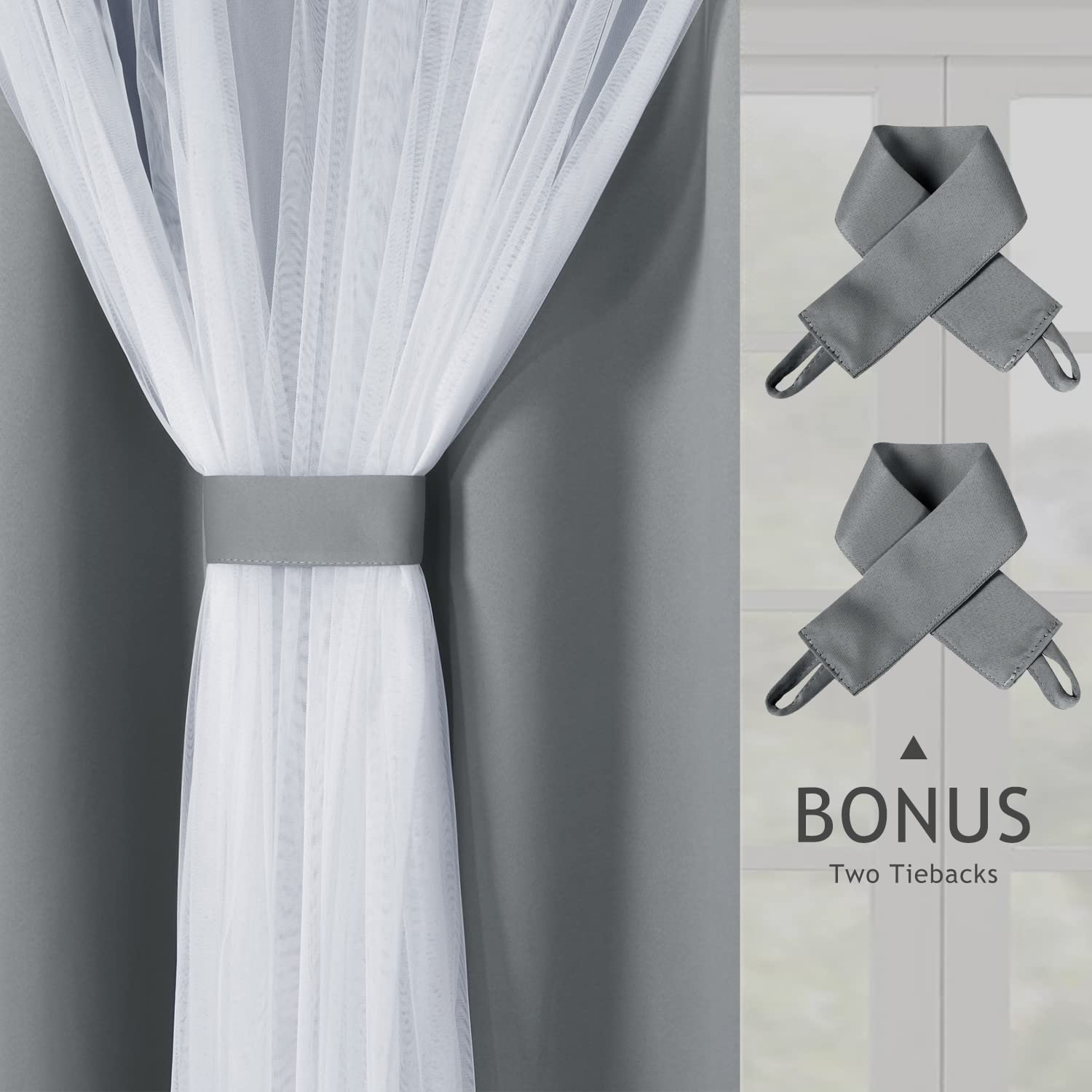 BONZER White Sheer Tulle Overlay Blackout Curtains Grommet Top Mix and Match Curtains for Living Room, Cloud Grey, 52x95 Inch, Set of 2 Panels