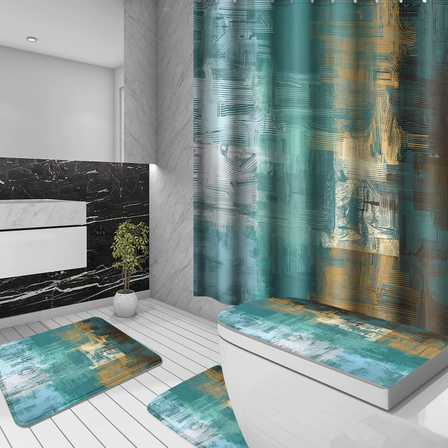 DIYCAM 4 Pcs Colorful Digital Backdrop Shower Curtain Sets, Bath Decor with Rug and Toilet Lid Cover, Modern Bathroom Curtain with 12 Hooks, 72 x 72 in