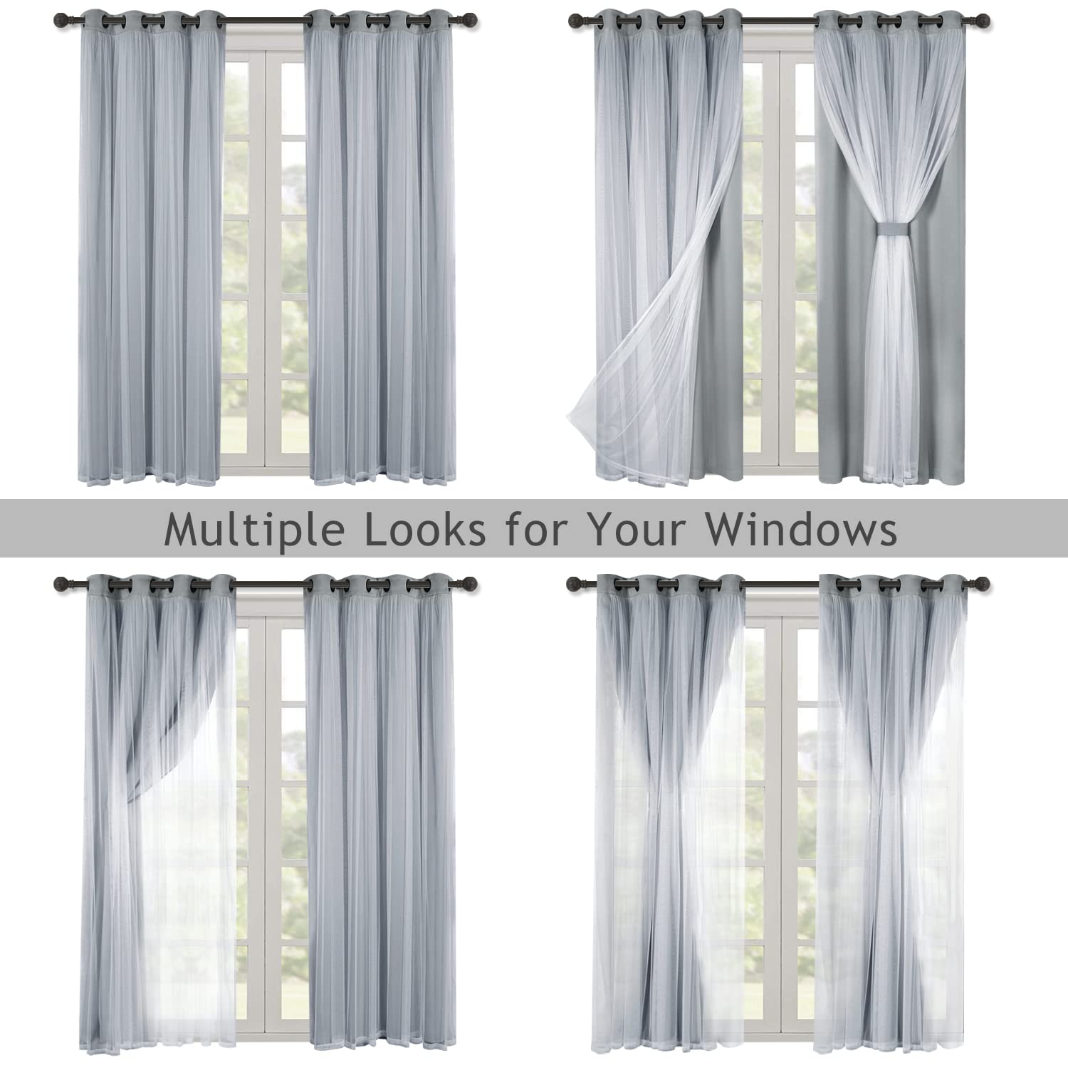 BONZER White Sheer Tulle Overlay Blackout Curtains Grommet Top Mix and Match Curtains for Living Room, Cloud Grey, 52x95 Inch, Set of 2 Panels