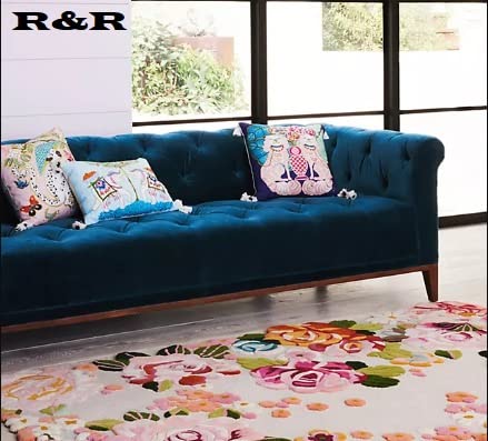 Restoration and Renovation Handmade Pink & Red Yellow Roses Irregular Shape and Oval Shape Multicoloured Floral Wool Area for Living Room, Dining Room and Kitchen Rug (Ivory, 10X8 FT)