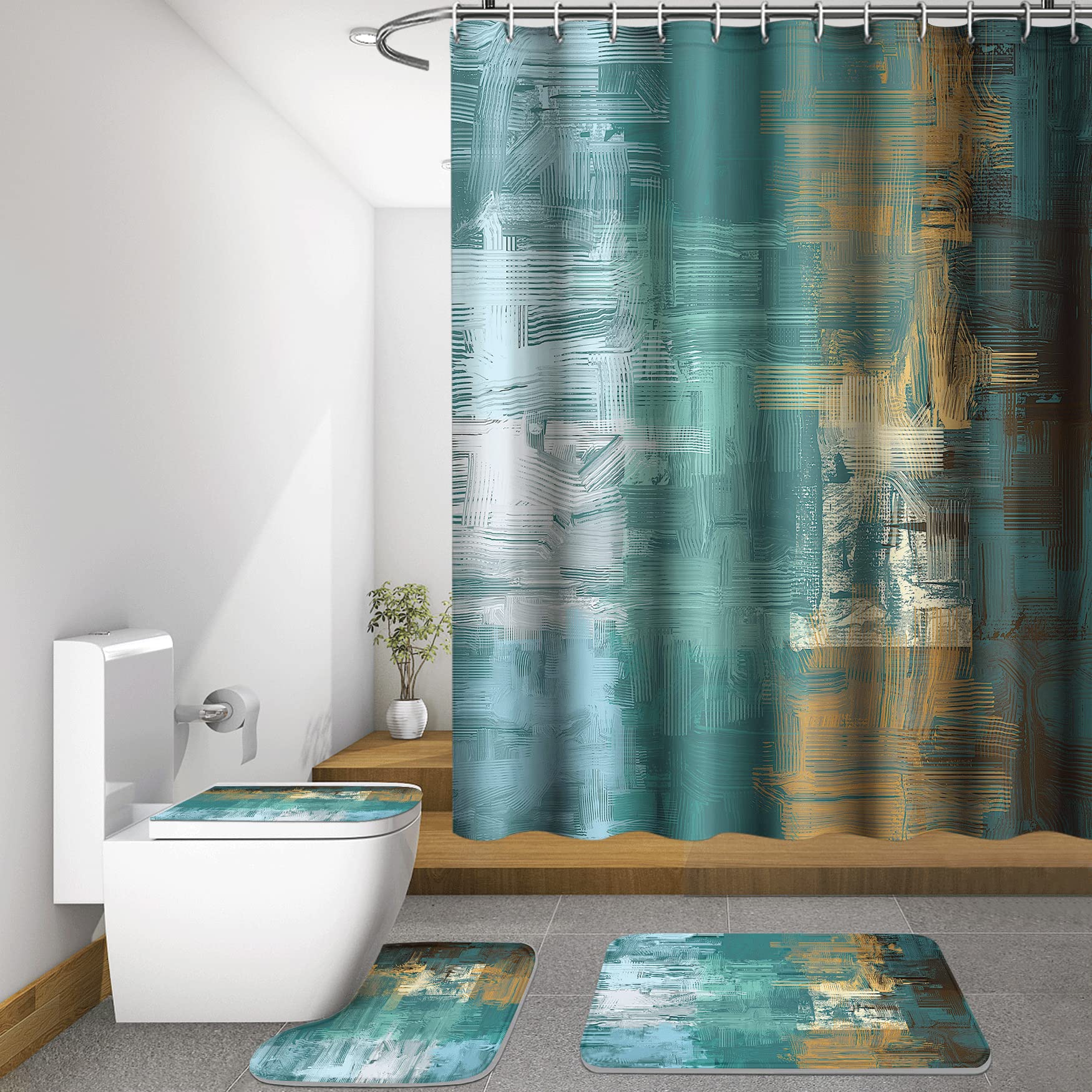 DIYCAM 4 Pcs Colorful Digital Backdrop Shower Curtain Sets, Bath Decor with Rug and Toilet Lid Cover, Modern Bathroom Curtain with 12 Hooks, 72 x 72 in