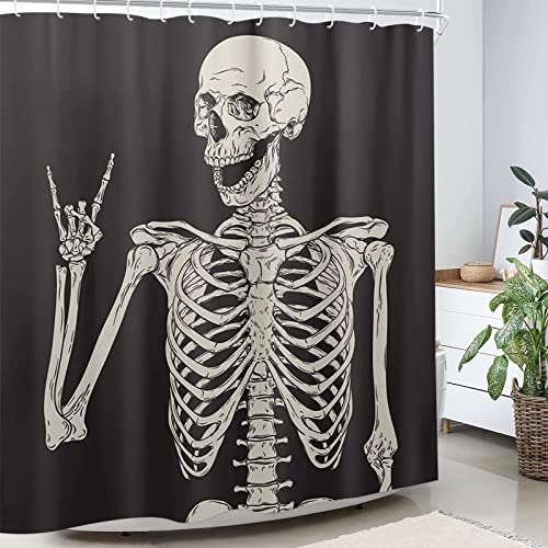 GETTOGET Rock and Roll Skull Skeleton Bone Love Music Shower Curtain Polyester Waterproof, Sugar Candy Skull Day of Dead On Black Backdrop Bath Room Shower Curtain with 12 Hooks
