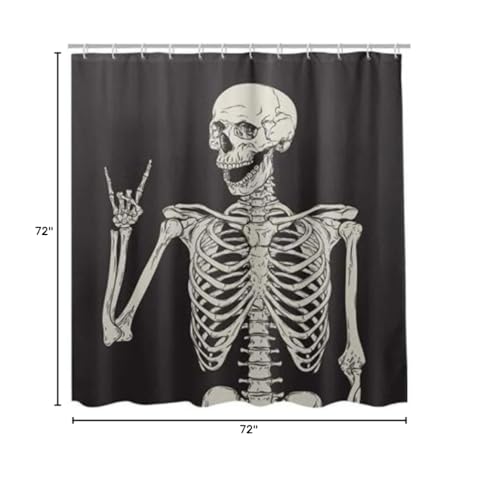 GETTOGET Rock and Roll Skull Skeleton Bone Love Music Shower Curtain Polyester Waterproof, Sugar Candy Skull Day of Dead On Black Backdrop Bath Room Shower Curtain with 12 Hooks