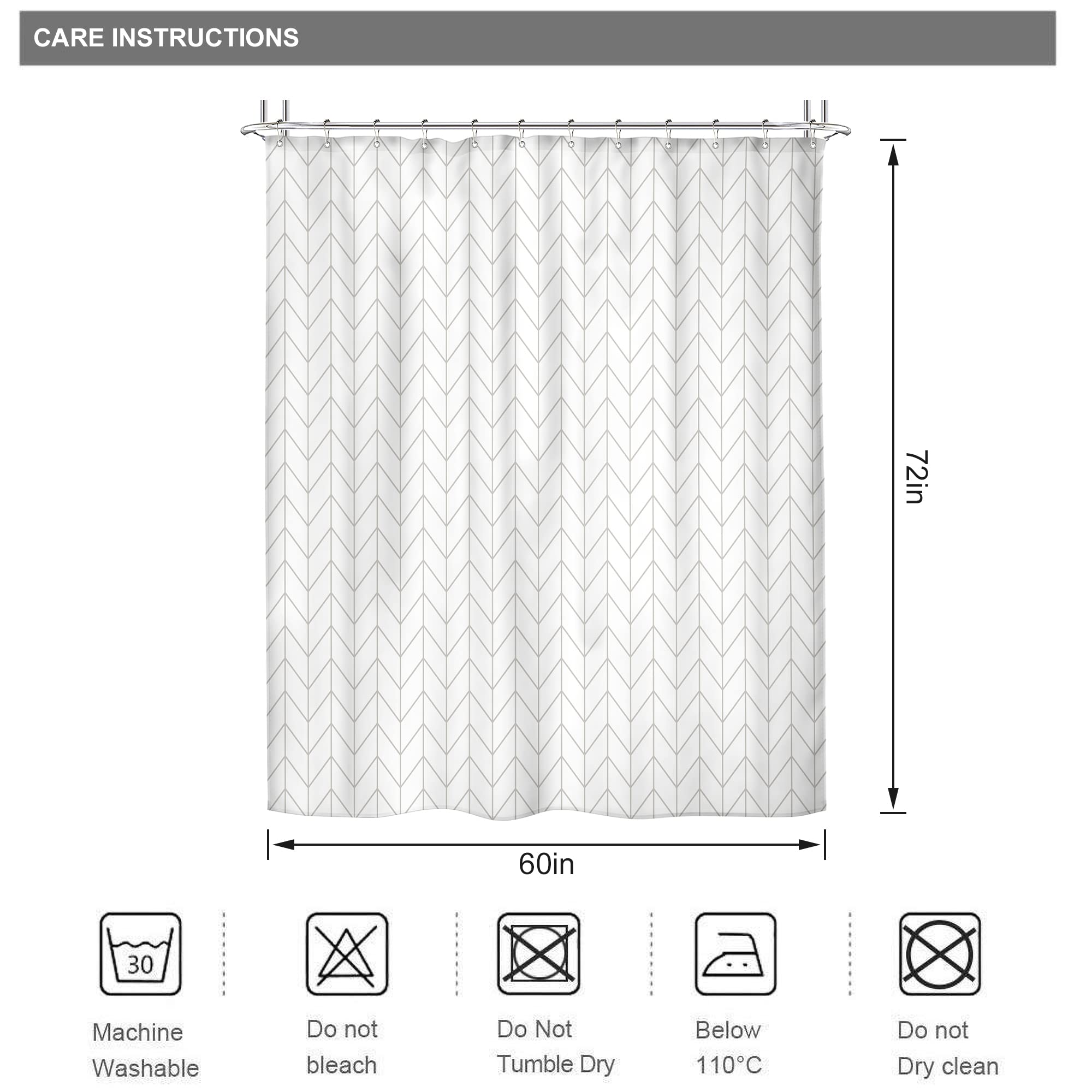 Riyidecor Chevron Shower Curtain White Beige Geometric Herringbone 60Wx72H Inch Striped Simple Modern Classy Neutral Contemporary Decor Fabric Bathroom Set Polyester Waterproof