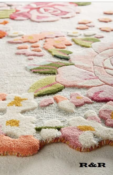 Restoration and Renovation Handmade Pink & Red Yellow Roses Irregular Shape and Oval Shape Multicoloured Floral Wool Area for Living Room, Dining Room and Kitchen Rug (Ivory, 10X8 FT)
