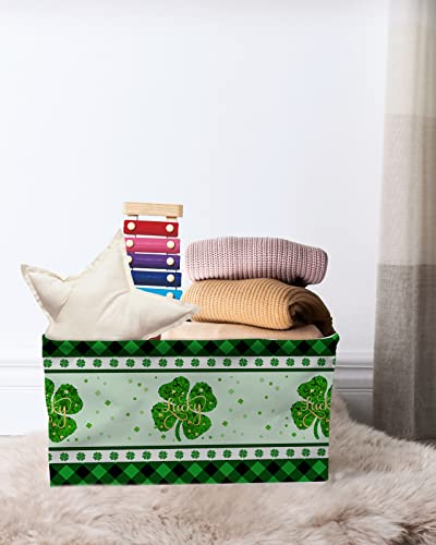 Storage Bins,Spring Four Clover Leaf Green Lattice Lucky Quote St. Patrick's Day Storage Basket with Handles,Waterproof Collapsible Storage Bin,Shamrock Storage Organizer for Shelves Closet