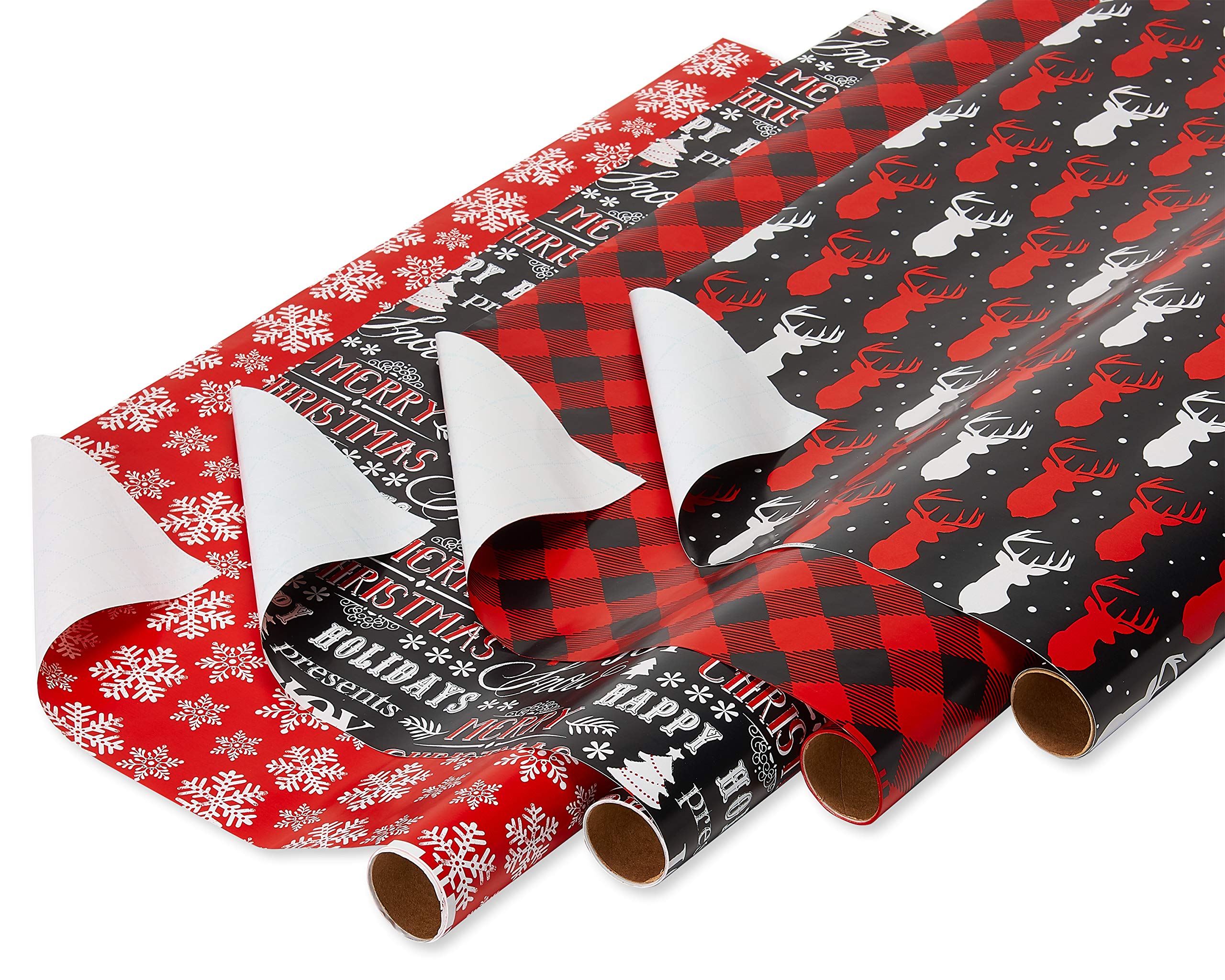 American Greetings Christmas Wrapping Paper Set with Cut Lines, Red, Black and White, Plaid, Reindeer and Snowflakes (4 Rolls, 7 Bows, 30 Gift Tags, 120 sq. ft.)