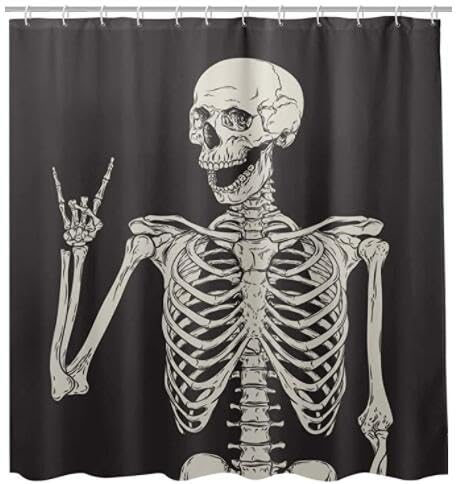 GETTOGET Rock and Roll Skull Skeleton Bone Love Music Shower Curtain Polyester Waterproof, Sugar Candy Skull Day of Dead On Black Backdrop Bath Room Shower Curtain with 12 Hooks