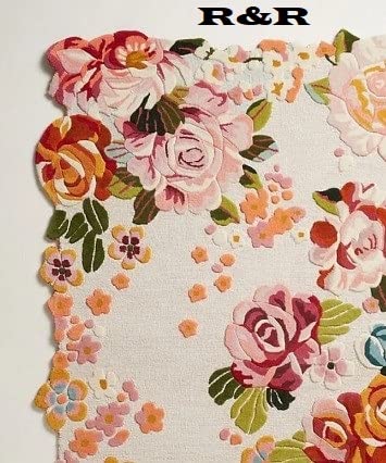 Restoration and Renovation Handmade Pink & Red Yellow Roses Irregular Shape and Oval Shape Multicoloured Floral Wool Area for Living Room, Dining Room and Kitchen Rug (Ivory, 10X8 FT)