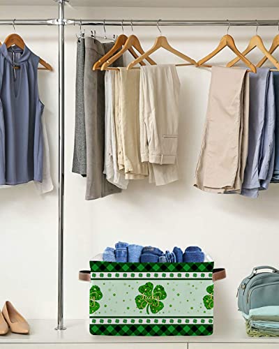 Storage Bins,Spring Four Clover Leaf Green Lattice Lucky Quote St. Patrick's Day Storage Basket with Handles,Waterproof Collapsible Storage Bin,Shamrock Storage Organizer for Shelves Closet