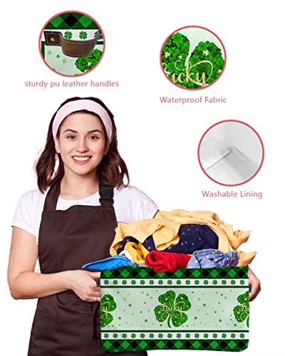 Storage Bins,Spring Four Clover Leaf Green Lattice Lucky Quote St. Patrick's Day Storage Basket with Handles,Waterproof Collapsible Storage Bin,Shamrock Storage Organizer for Shelves Closet