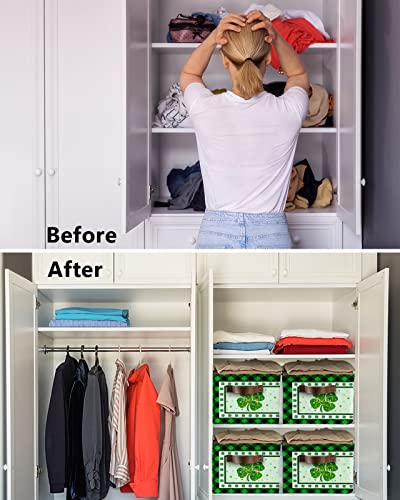 Storage Bins,Spring Four Clover Leaf Green Lattice Lucky Quote St. Patrick's Day Storage Basket with Handles,Waterproof Collapsible Storage Bin,Shamrock Storage Organizer for Shelves Closet