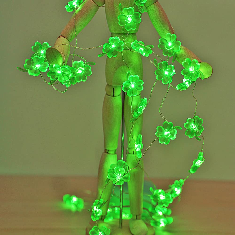 BOHON Decorative Lights Shamrocks LED String Lights Battery Operated with Remote 10 ft 40 LEDs Lucky Clover Handmade String Lights for Bedroom Party Feast of St. Patrick's Day Green Decoration