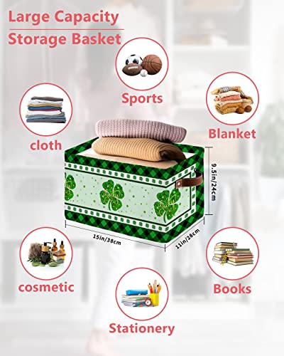 Storage Bins,Spring Four Clover Leaf Green Lattice Lucky Quote St. Patrick's Day Storage Basket with Handles,Waterproof Collapsible Storage Bin,Shamrock Storage Organizer for Shelves Closet