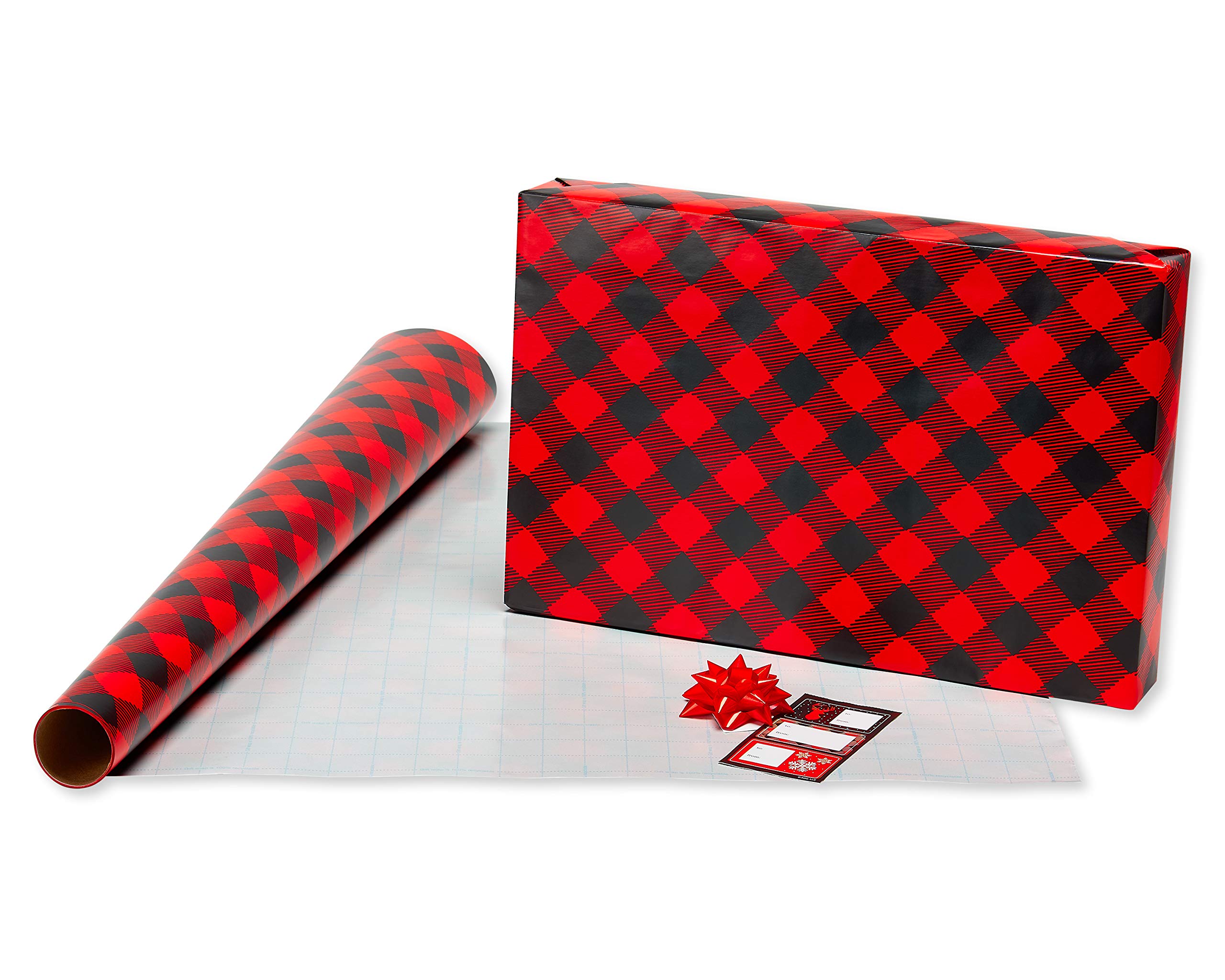 American Greetings Christmas Wrapping Paper Set with Cut Lines, Red, Black and White, Plaid, Reindeer and Snowflakes (4 Rolls, 7 Bows, 30 Gift Tags, 120 sq. ft.)