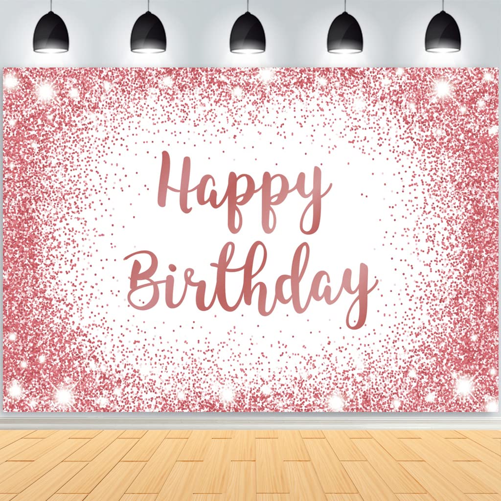 ASOONYUM 7x5ft Happy Birthday Backdrop Pink Rose Gold Glitter Birthday Photo Backdrops for Women Young Girl Golden Sweet 16th 21st 40th Birthday Photography Background