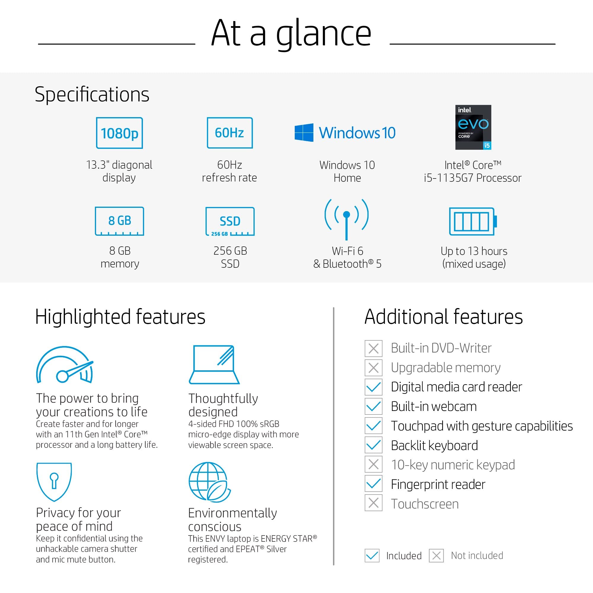 2022 Newest HP Envy 13.3" FHD Laptop Computer for Business & Student, Intel 11th Gen Core i5-1135G7 up to 4.2GHz, 8GB RAM, 256GB PCle SSD, Fingerprint Reader, Backlit Keyboard, Win 10, w/ Accessories