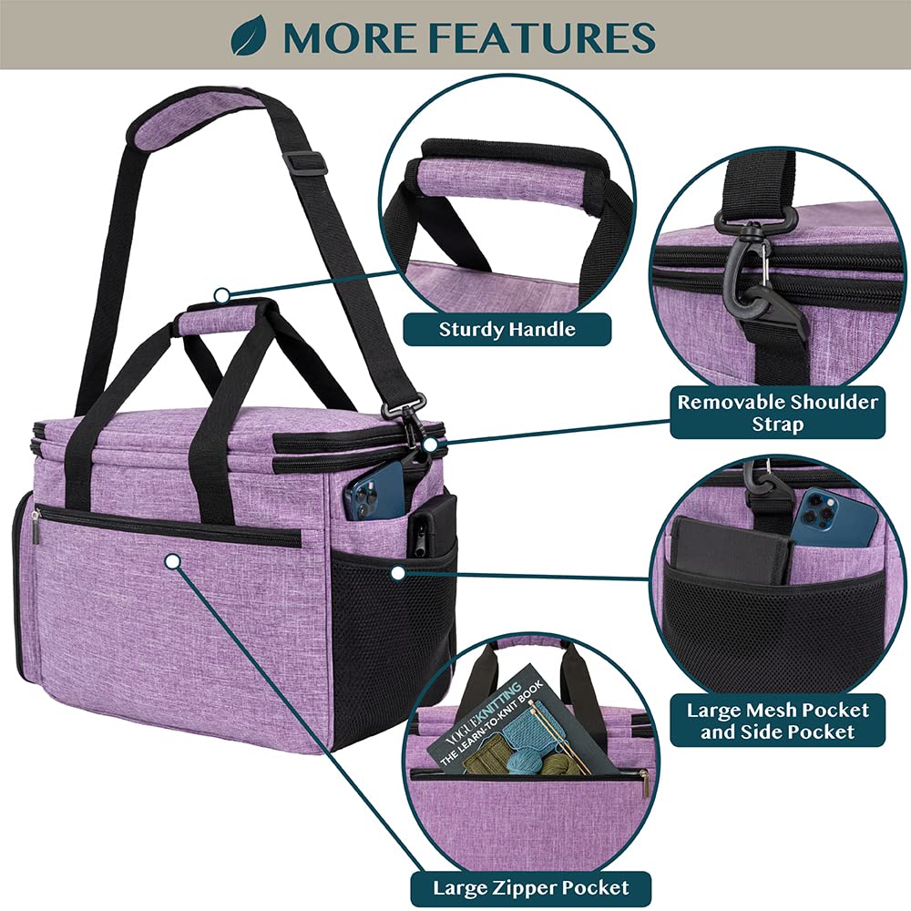 PAVILIA Knitting Bag Yarn Storage Tote - Crochet Organizer Bag, Yarn Storage Holder with Dividers for Knitting Accessories, Yarn Skiens, Needles, Hooks, Unfinished Project (Heather Purple)