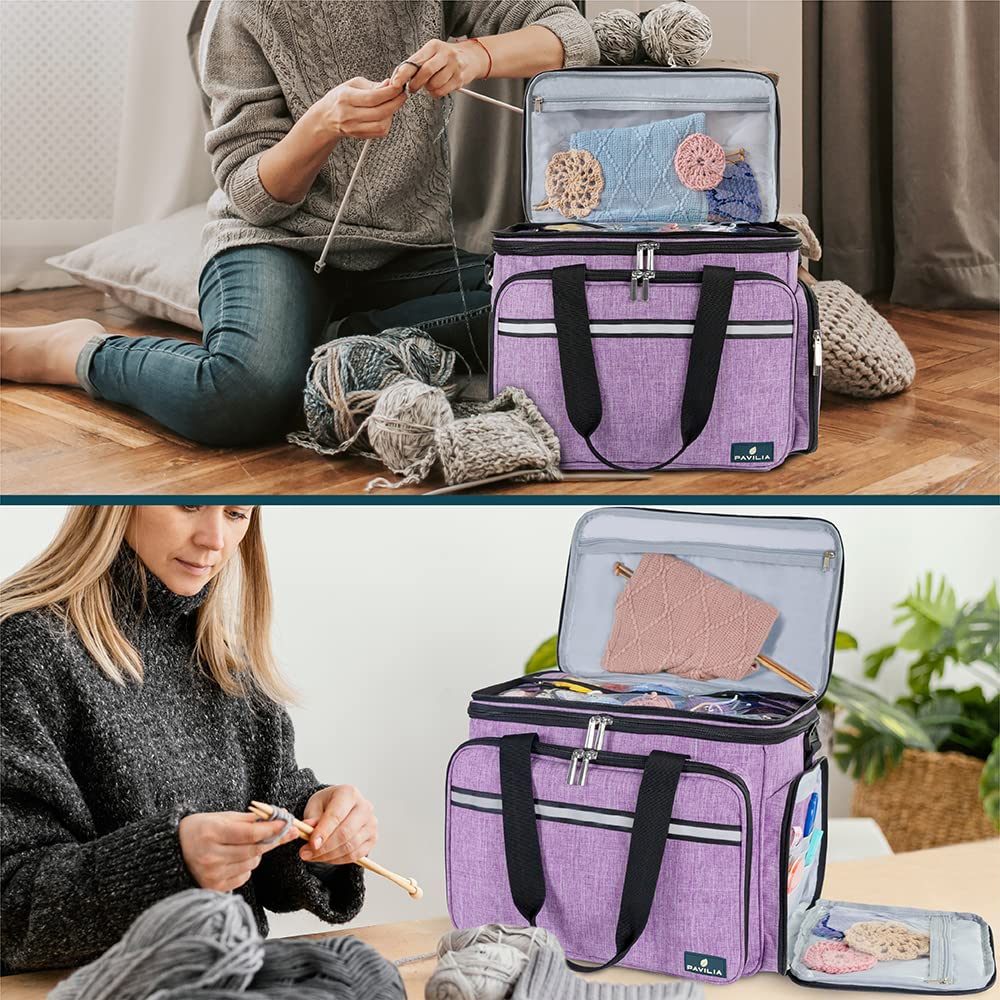 PAVILIA Knitting Bag Yarn Storage Tote - Crochet Organizer Bag, Yarn Storage Holder with Dividers for Knitting Accessories, Yarn Skiens, Needles, Hooks, Unfinished Project (Heather Purple)