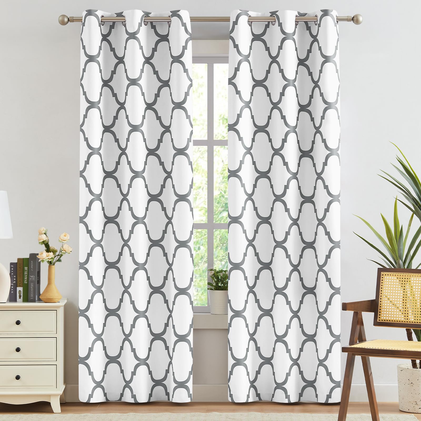 Melodieux Moroccan Fashion Thermal Insulated Room Darkening Blackout Grommet Curtains for Living Room, 42 by 84 Inch, Off White/Grey (2 Panels)
