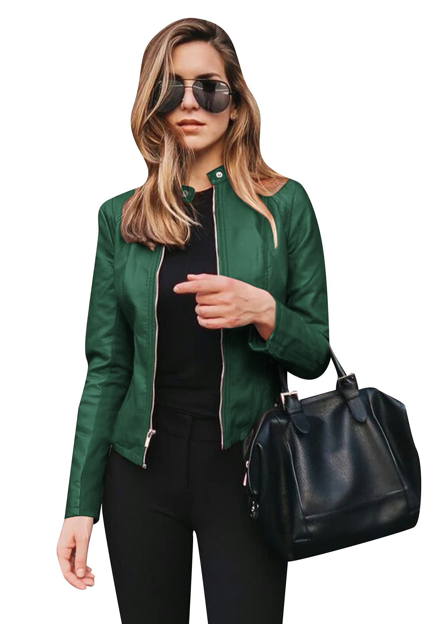 BOFETA Women's Plus Size Casual Jacket Zip Jackets Biker Moto Jacket Casual Coat Green L