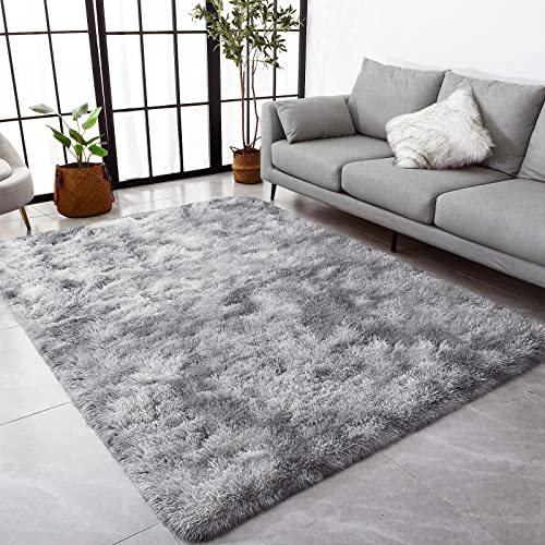Vocrite Fluffy Rug for Bedroom, Gray 4'x6' Furry Shag Area Carpets, Anti-Slip Plush Shaggy Fur Throw Rugs for Kids Girls Nursery Dorm Living Room Classroom Home Decor,Tie Dyed Light Grey