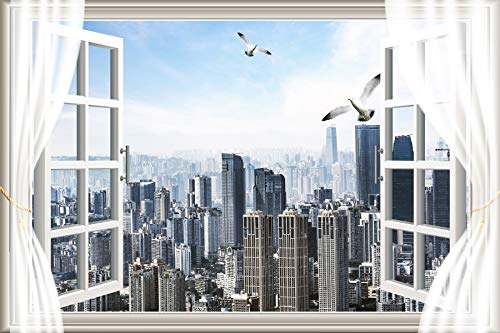 Baocicco 10x7ft White Windowsill Backdrop Vinyl Window View Photography Background White Window Curtains City Skyline Blue Sky Children Kids Adult Portrait Photo Video Studio Props