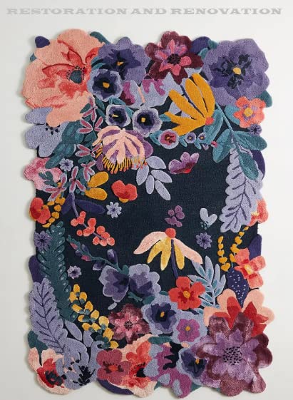Restoration and Renovation Handmade Flower Multicoloured Irregular Area Rug 100% Imported Blended Wool Floral Area Rug (Navy, 8x5 ft)
