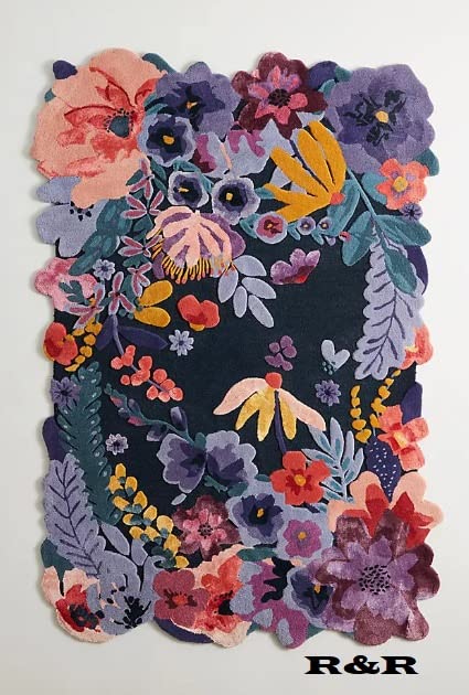 Restoration and Renovation Handmade Flower Multicoloured Irregular Area Rug 100% Imported Blended Wool Floral Area Rug (Navy, 8x5 ft)