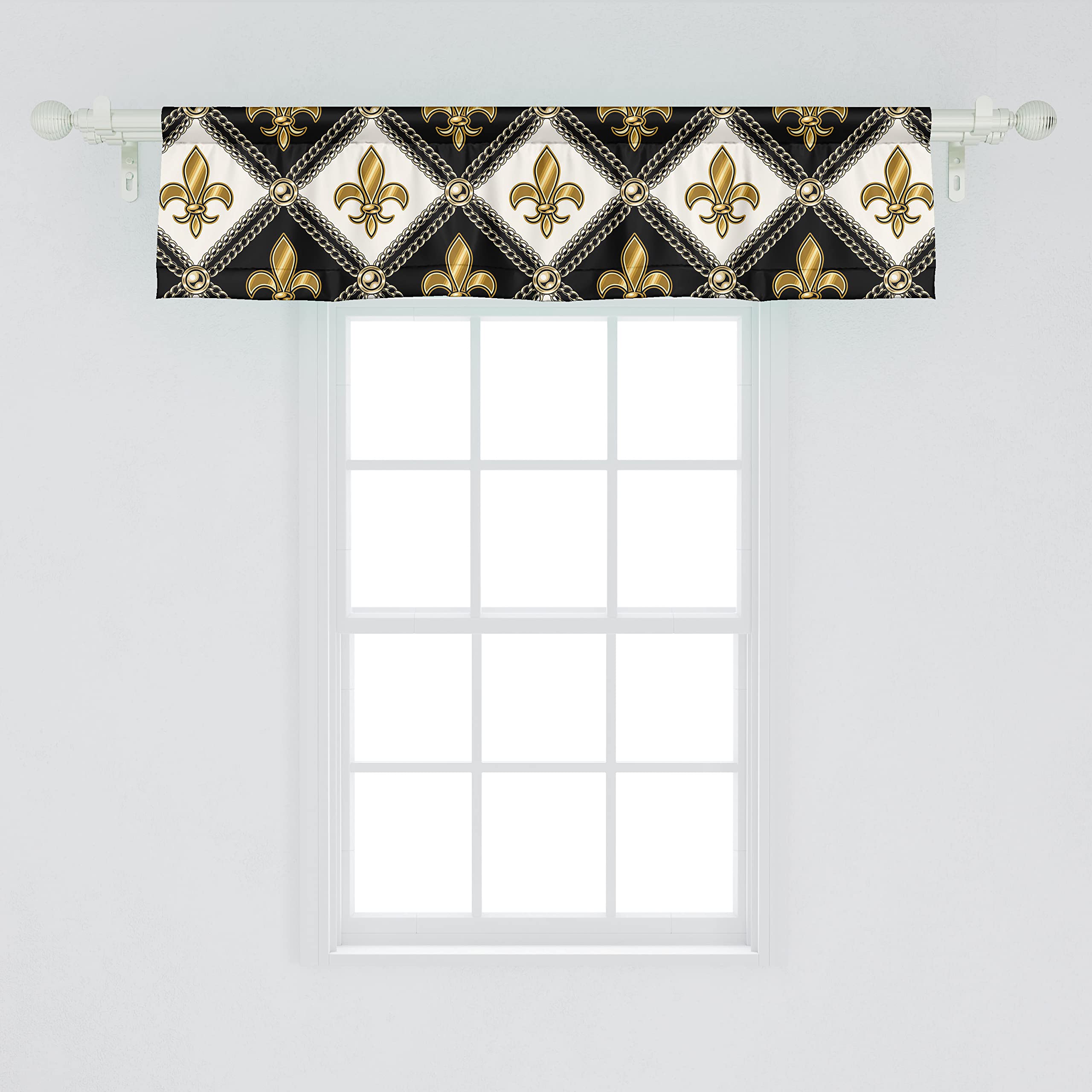 Ambesonne Fleur de Lis Window Valance, Royal French Lilies on Monochrome Diagonal Checkered Backdrop, Curtain Valance for Kitchen Bedroom Decor with Rod Pocket, 54" X 12", Black White Dark Mustard