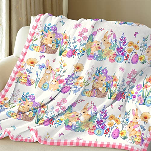 kopudka Easter Throw Blanket Decorations Egg Spring Blankets Rabbit Decor Flannel with Bunny Lilies Wicker Basket Wildflower Throws 50x60 inch