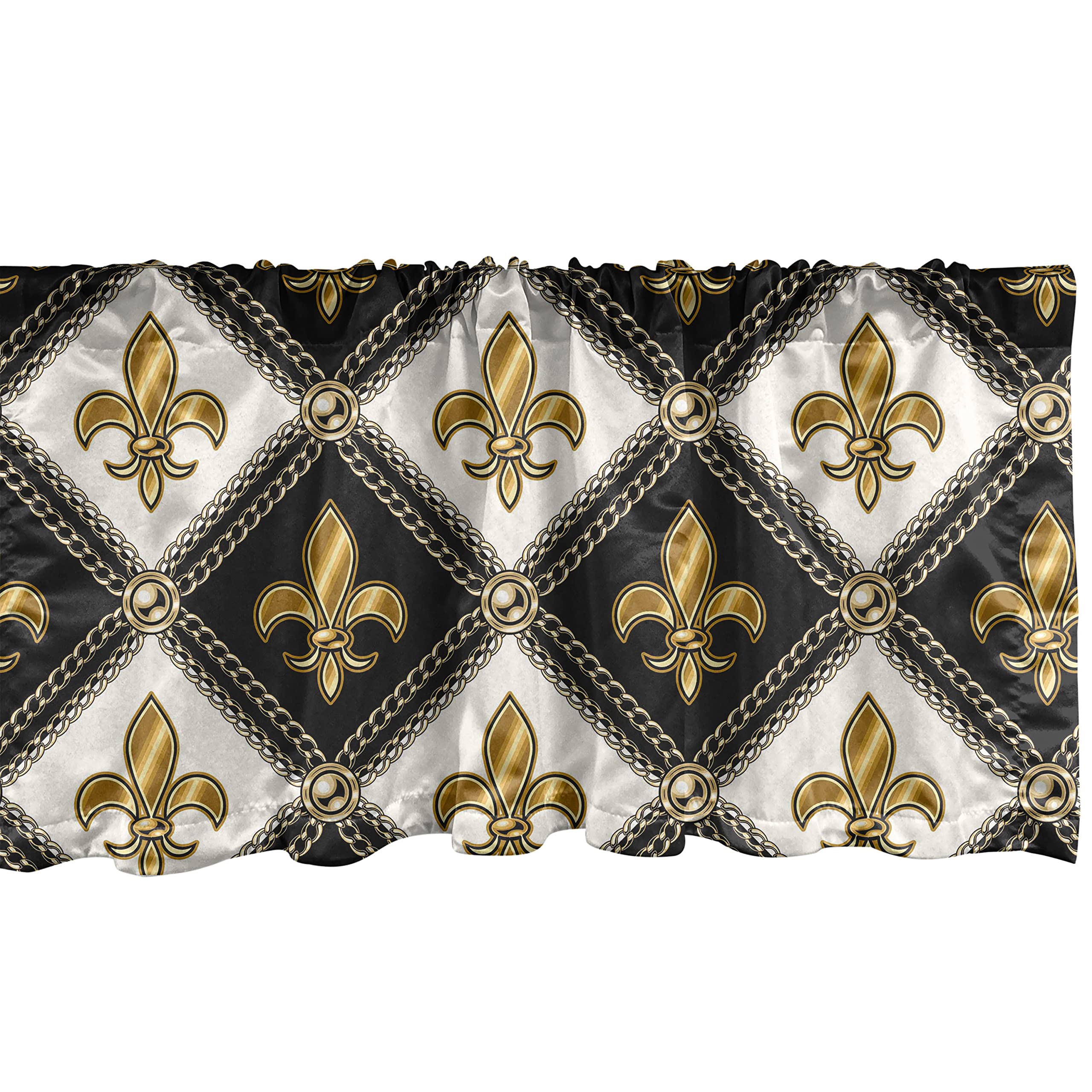 Ambesonne Fleur de Lis Window Valance, Royal French Lilies on Monochrome Diagonal Checkered Backdrop, Curtain Valance for Kitchen Bedroom Decor with Rod Pocket, 54" X 12", Black White Dark Mustard