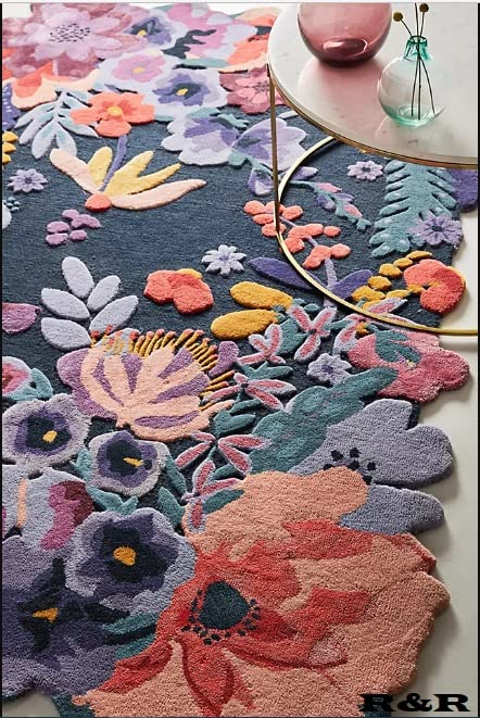 Restoration and Renovation Handmade Flower Multicoloured Irregular Area Rug 100% Imported Blended Wool Floral Area Rug (Navy, 8x5 ft)
