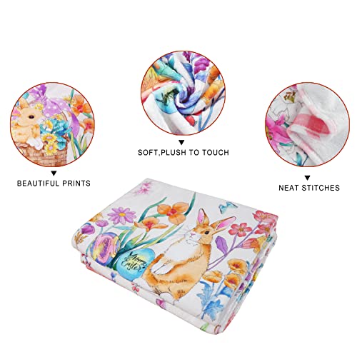 kopudka Easter Throw Blanket Decorations Egg Spring Blankets Rabbit Decor Flannel with Bunny Lilies Wicker Basket Wildflower Throws 50x60 inch