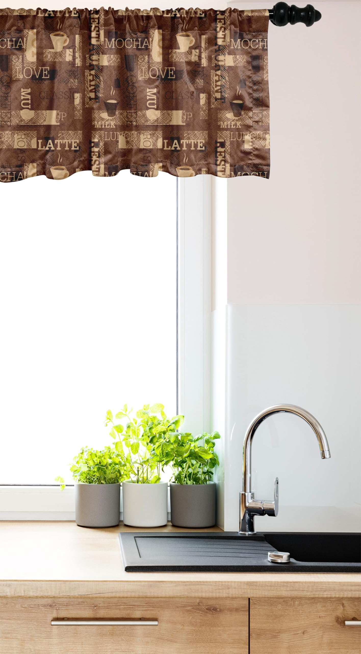 Ambesonne Coffee Window Valance Pack of 2, Cafeteria Pattern with Hot Mocha Latte Milk Love Typography on Scribble Backdrop, Rod Pocket Curtain Valances for Kitchen Bedroom, 54" X 18", Beige Brown