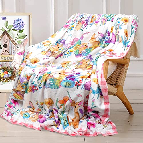 kopudka Easter Throw Blanket Decorations Egg Spring Blankets Rabbit Decor Flannel with Bunny Lilies Wicker Basket Wildflower Throws 50x60 inch