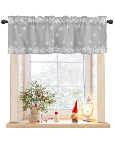 Jacekidy Christmas Snowflakes Valances for Window, Short Kitchen Curtains Valances Rod Pocket Window Valance Curtains for Living Room Bathroom Bedroom Cafe Seasonal Winter Xmas Grey Backdrop 54"x18"