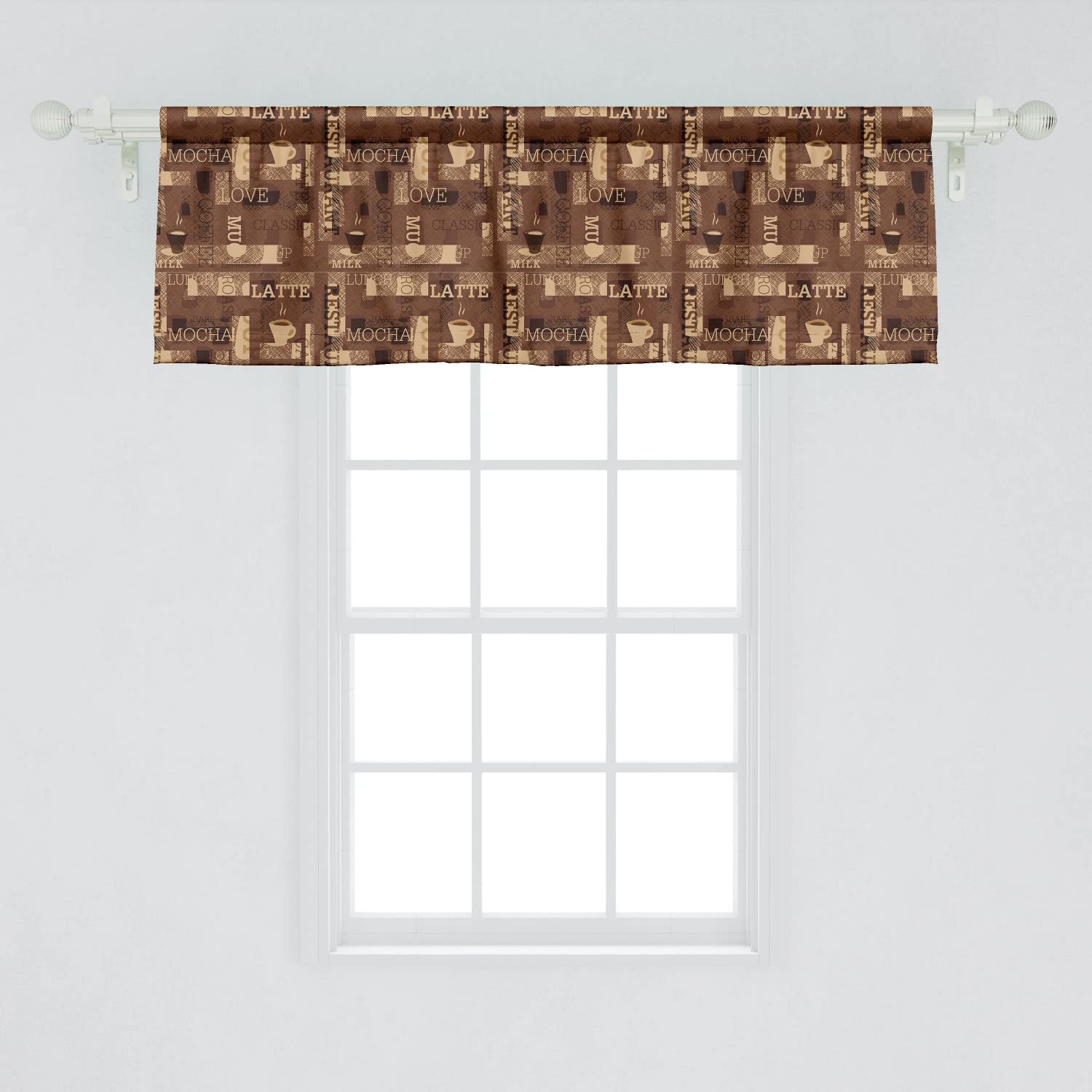 Ambesonne Coffee Window Valance Pack of 2, Cafeteria Pattern with Hot Mocha Latte Milk Love Typography on Scribble Backdrop, Rod Pocket Curtain Valances for Kitchen Bedroom, 54" X 18", Beige Brown
