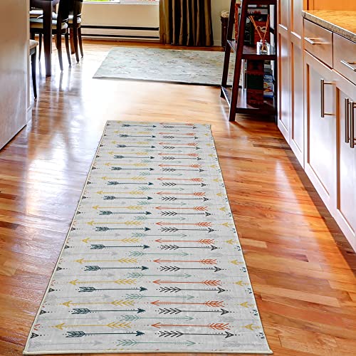 Ambesonne Boho Decorative Rug, Retro Arrow Pattern in Horizontal Line Heading to Opposite Directions Art, Quality Carpet for Bedroom Dorm and Living Room, 2' 5" X 7' 5", Orange Yellow and Blue