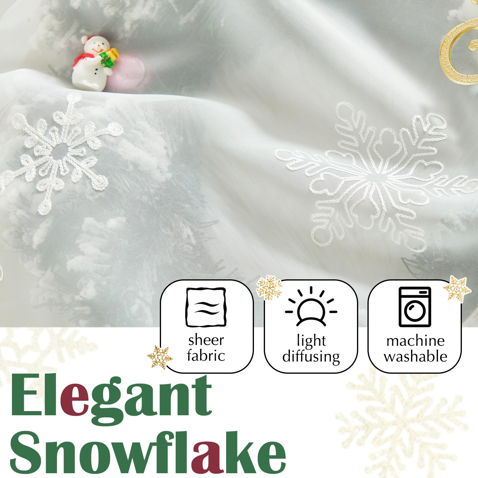 jinchan Christmas Curtains White Snowflake Embroidered Sheer Curtains 84 Inch Length Light Filtering Xmas Backdrop Window Curtains for Living Room 2 Panels Set Bedroom Rod Pocket Curtains