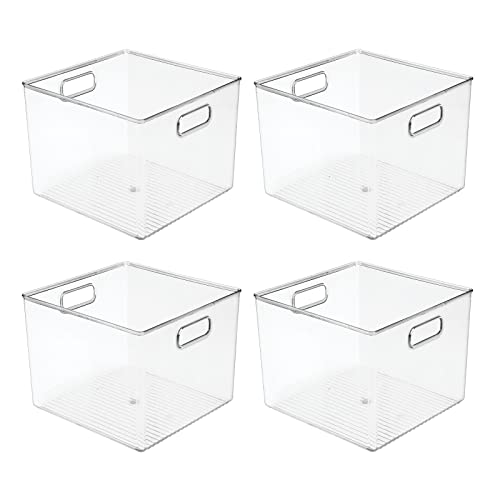 mDesign Small Modern Plastic Storage Organizer Bin Basket with Handles for Craft Room Organization - Shelf, Cubby, Cabinet, and Closet Organizing Decor - Ligne Collection - 4 Pack - Clear