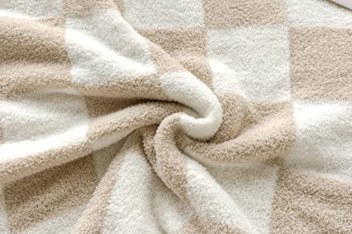 Ultra Soft Classic Checkerboard Chessboard Knitted Throw Blankets Fluffy Microfiber Lightweight Warm Cozy Bed Blankets Decor for Couch Sofa Bed (Cream, Throw 51"X63")