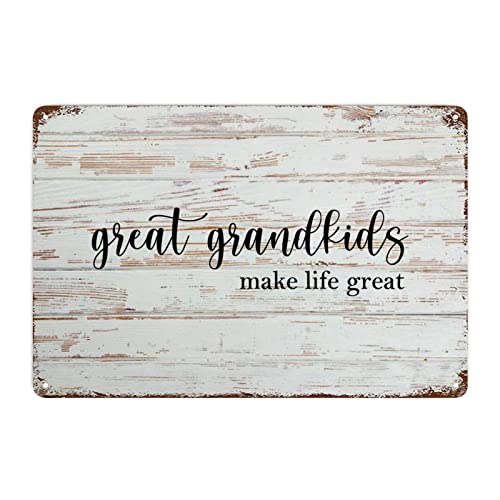 Family Lettering Rustic Metal Sign Wall Art Decor Great Grandkids Make Life Great Wood Grain Funny Vintage Aluminum Sign for Courtyard Garden Bar Coffee Decor 8x12in
