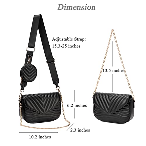 Small Quilted Crossbody Bags for Women Black Shoulder Purses Trendy Designer Handbags Multipurpose Pochette Satchel Bag witn Mini Coin Purse-2 Set