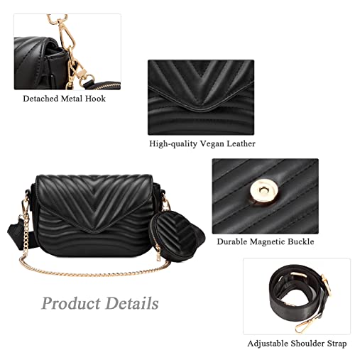 Small Quilted Crossbody Bags for Women Black Shoulder Purses Trendy Designer Handbags Multipurpose Pochette Satchel Bag witn Mini Coin Purse-2 Set