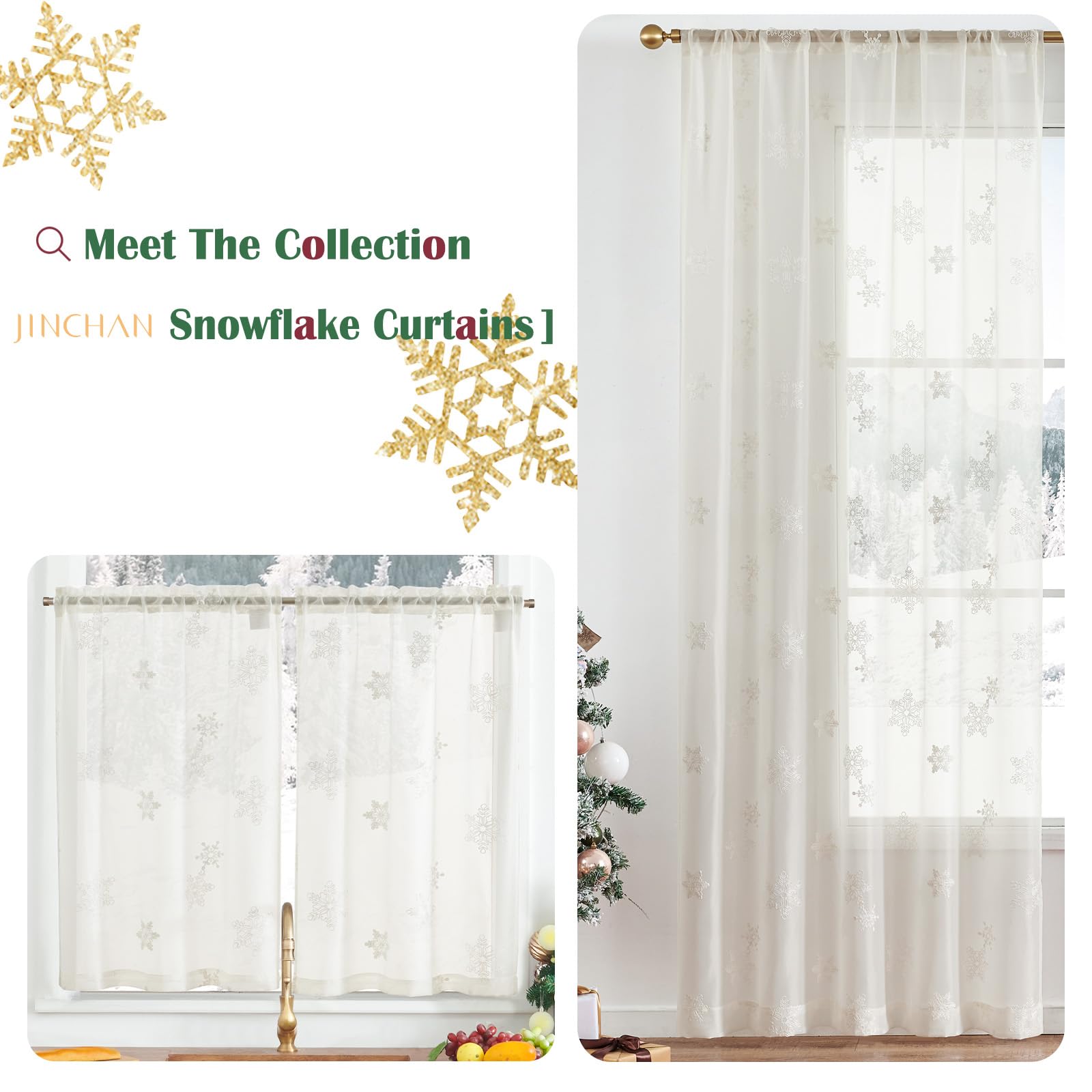 jinchan Christmas Curtains White Snowflake Embroidered Sheer Curtains 84 Inch Length Light Filtering Xmas Backdrop Window Curtains for Living Room 2 Panels Set Bedroom Rod Pocket Curtains