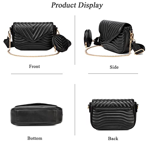 Small Quilted Crossbody Bags for Women Black Shoulder Purses Trendy Designer Handbags Multipurpose Pochette Satchel Bag witn Mini Coin Purse-2 Set
