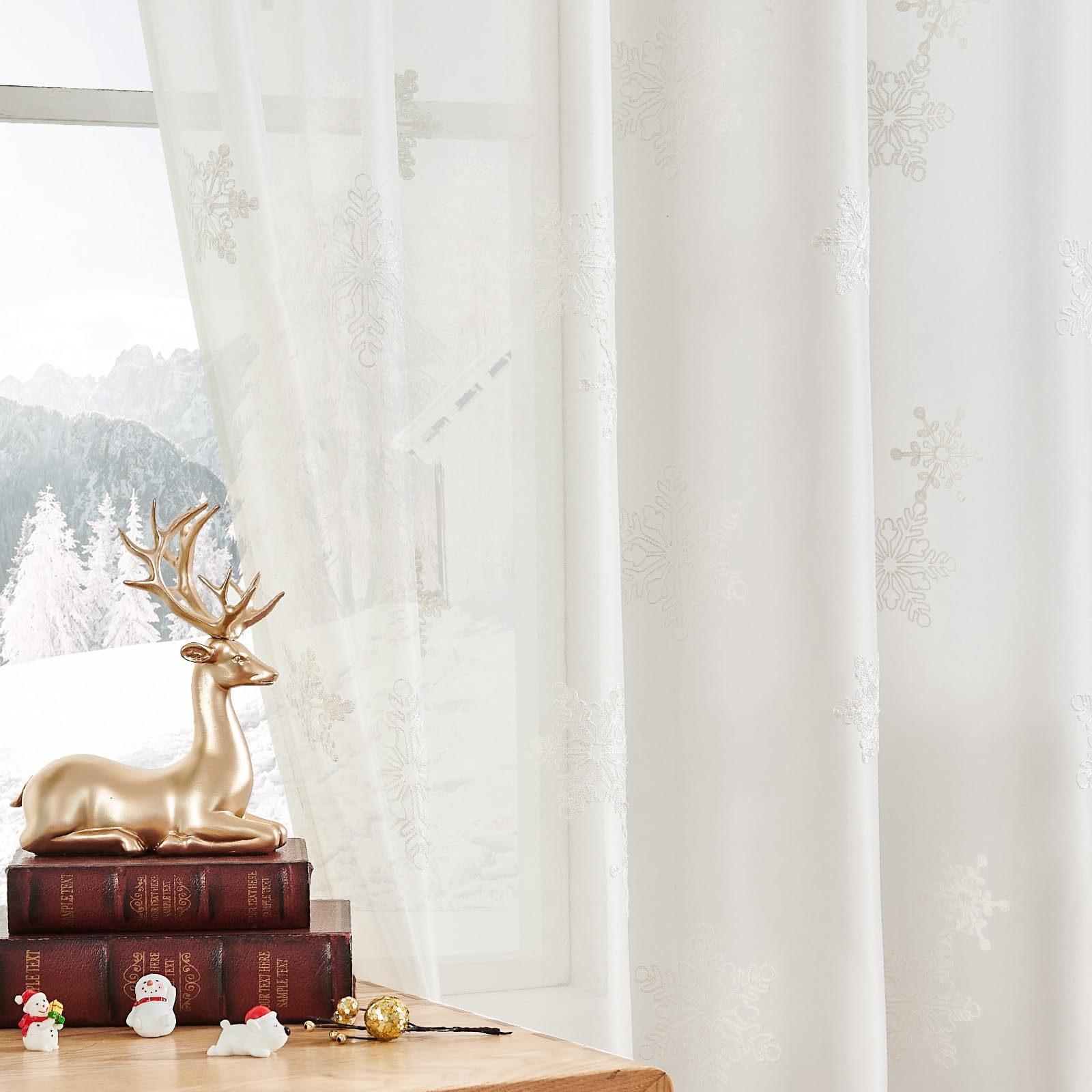 jinchan Christmas Curtains White Snowflake Embroidered Sheer Curtains 84 Inch Length Light Filtering Xmas Backdrop Window Curtains for Living Room 2 Panels Set Bedroom Rod Pocket Curtains
