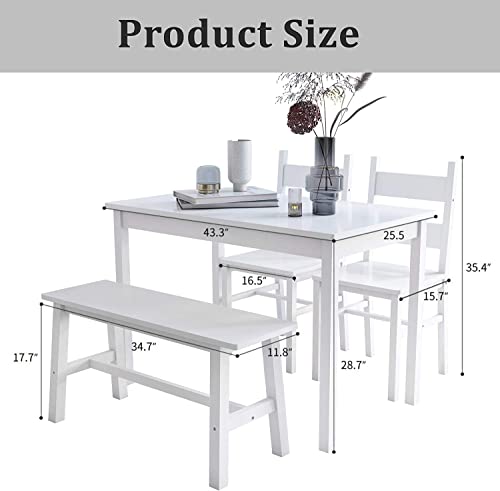 Dining Kitchen Table Set for 4, Solid Wood 4 PC Table and Chair Set, Rectangular Kitchen Table with 2 Chairs and Bench, Modern Farmhouse Dinette Table Set for Kitchen, Dining Room, Easy Assembly