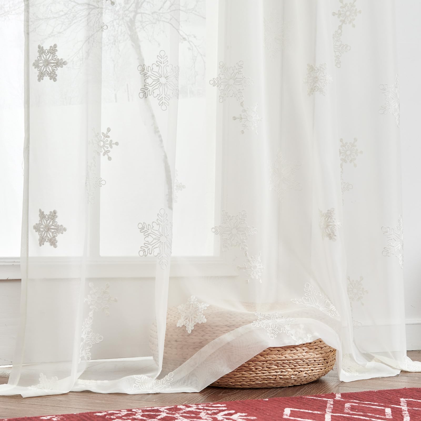 jinchan Christmas Curtains White Snowflake Embroidered Sheer Curtains 84 Inch Length Light Filtering Xmas Backdrop Window Curtains for Living Room 2 Panels Set Bedroom Rod Pocket Curtains